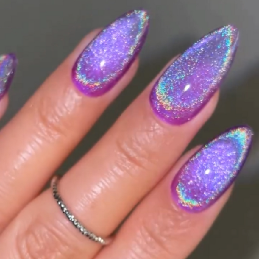 Short Square Purple Fake Nail Glitter Sparkles Cat Eye Press On Nails ...